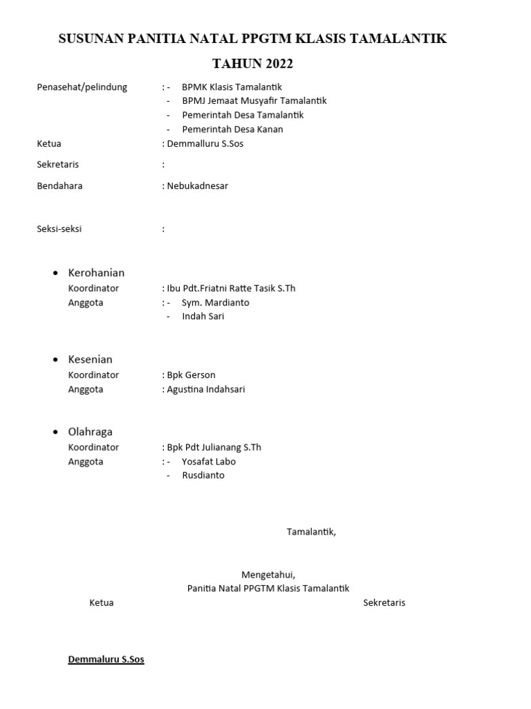 Susunan Panitia Natal PPGTM KLASIS | PDF