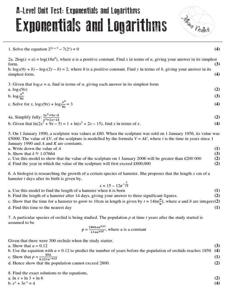 Year 1 Exponentials and Logarithsm Unit Test 1.1 | PDF | Mathematics ...