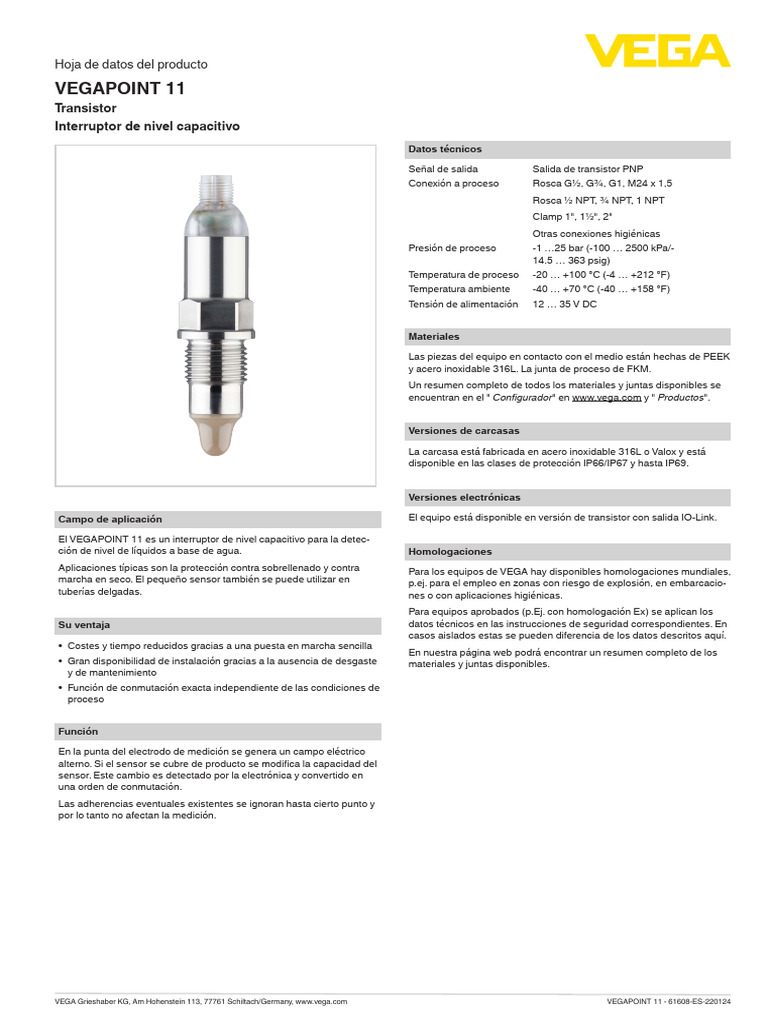 Es Hoja De Datos Del Producto Vegapoint 11 Transistor Pdf