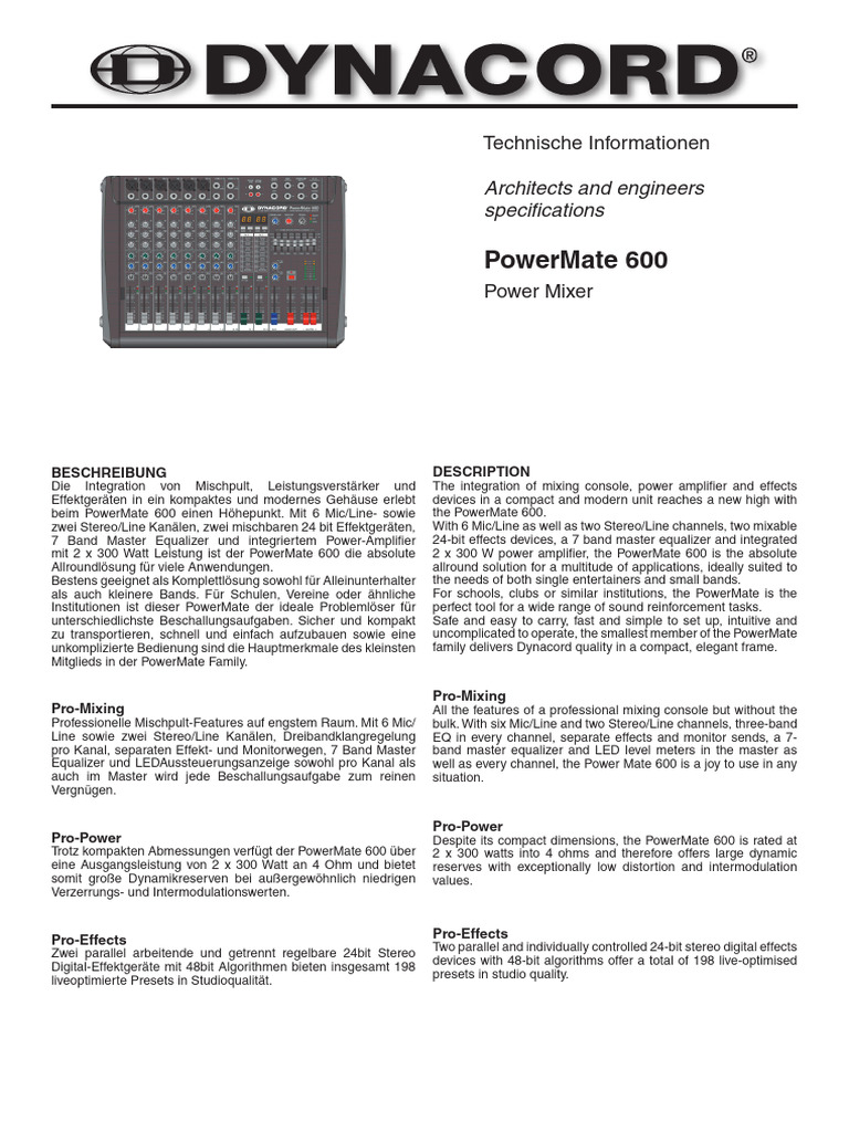 Dynacord Powermate 600 Manual | PDF | Amplifier | Microphone