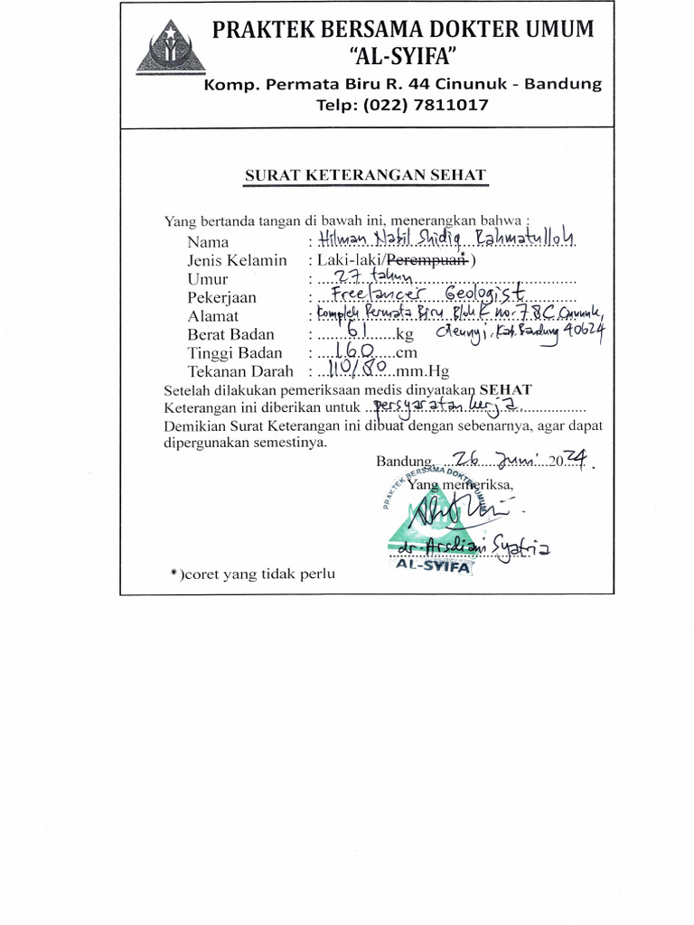 Contoh Surat Keterangan Sehat | PDF