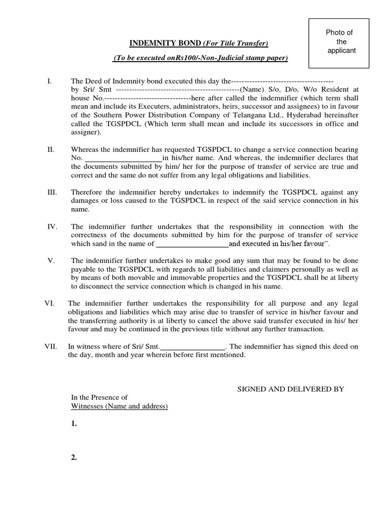 Indemnity Bond For Title Transfer | PDF | Indemnity | Deed