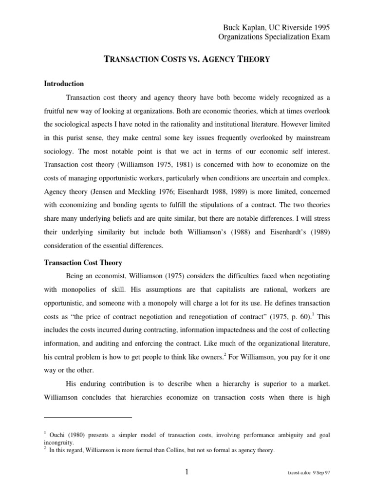 Transactions Cost&Agenciy Theory | PDF | Transaction Cost | Rationality