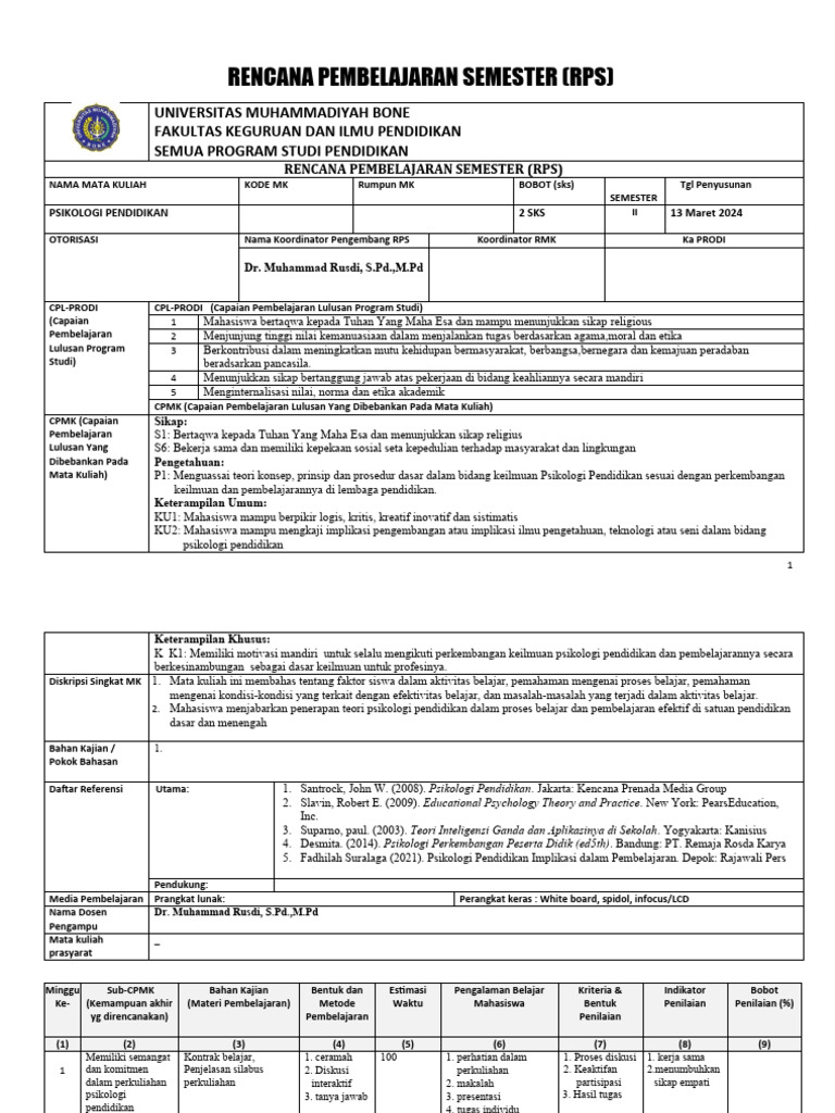 RPS Psikologi Pendidikan | PDF | Karier & Perkembangan
