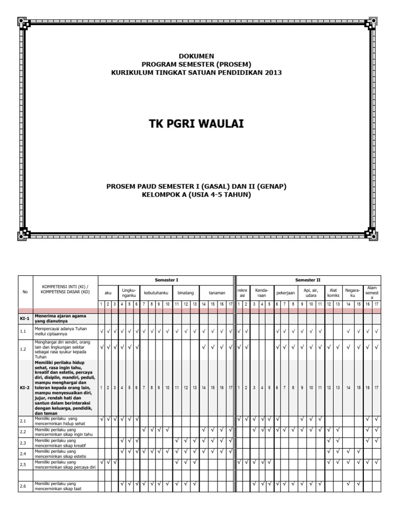 Prosem TK A 4-5 Tahun K13 Semester 1,2 | PDF