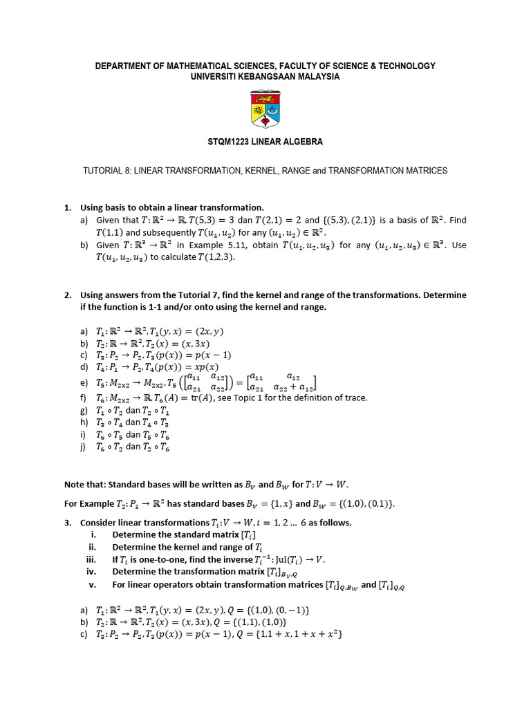 Tutorial 8 | PDF | Matrix (Mathematics) | Linear Map