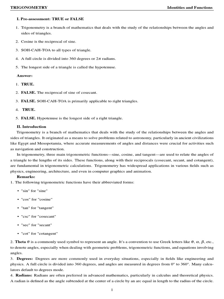 Trigonometry Pdf Trigonometric Functions Trigonometry