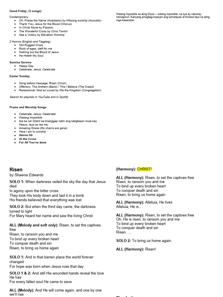 Songs For Holy Week (Good Friday and Easter) | PDF | Resurrection Of ...