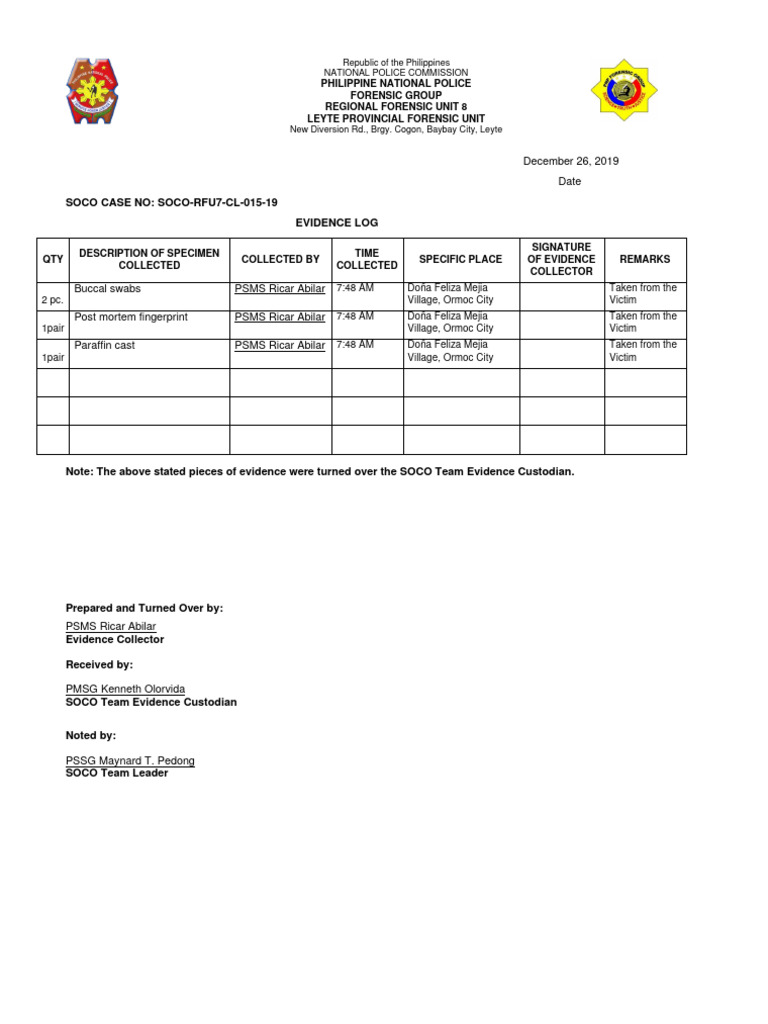 Evidence Log | PDF | Evidence | Criminal Justice