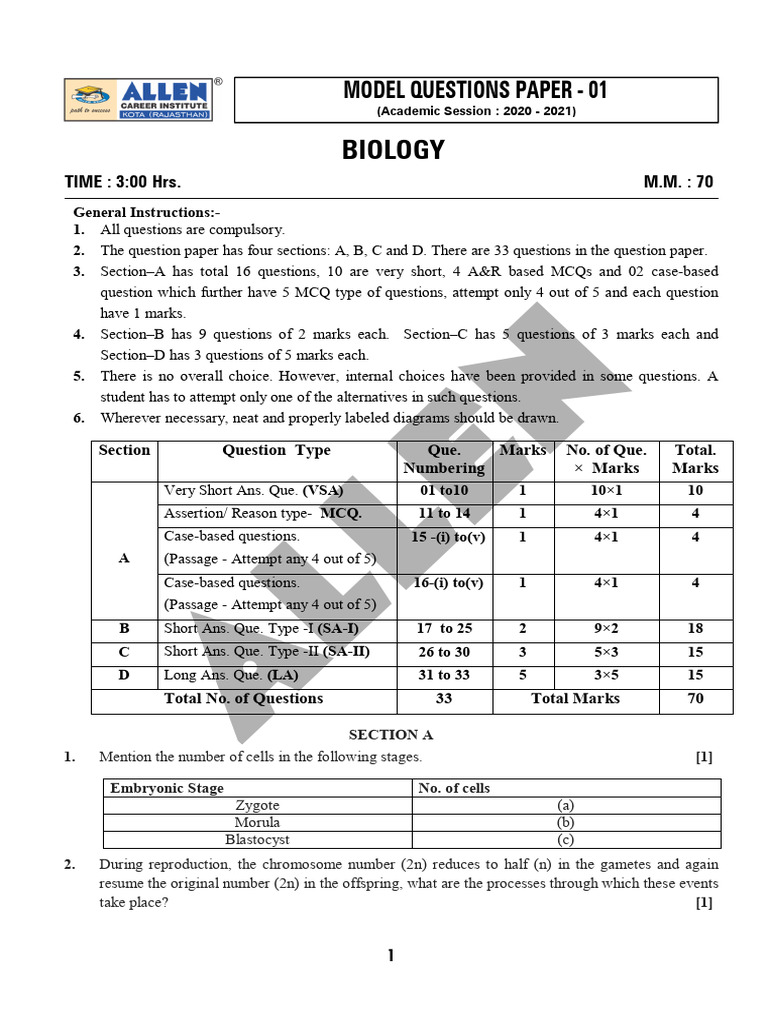 Biology Model Paper 1 | PDF | Thermoregulation | Messenger Rna