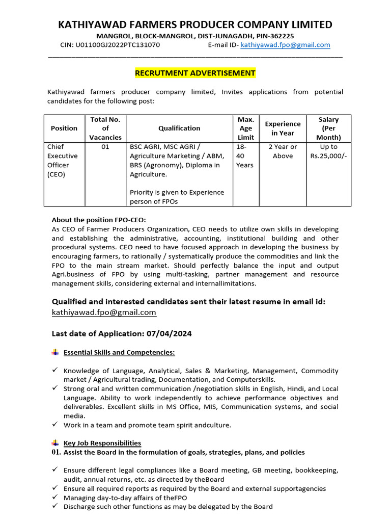 CEO RECRUTMENT ADVERTISEMENT of KATHIYAWAD FPO (1) | PDF | Audit | Recruitment