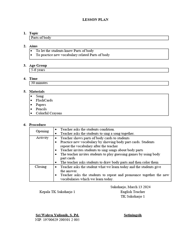 Lesson Plan_Body Parts | PDF