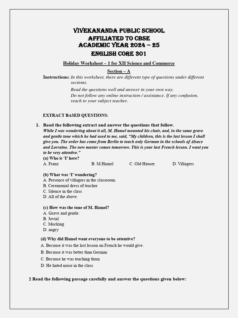 Worsheet On English Core 301-1 | PDF