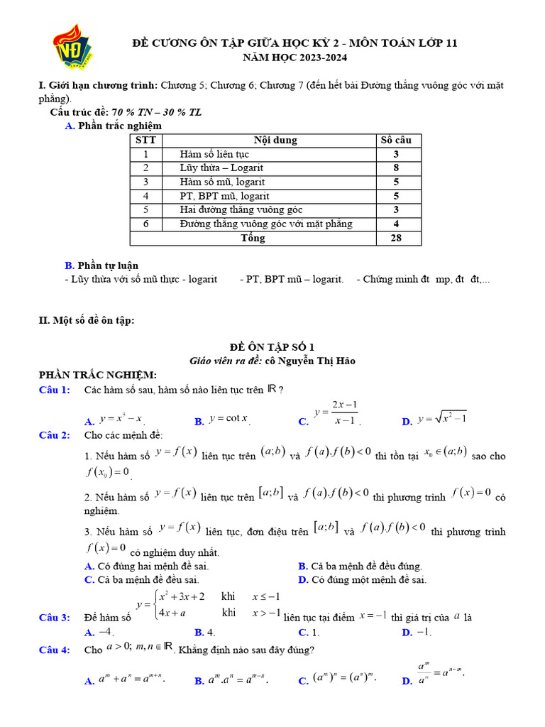 ĐC Toan 11 - GK2 (2023-2024) - GV | PDF