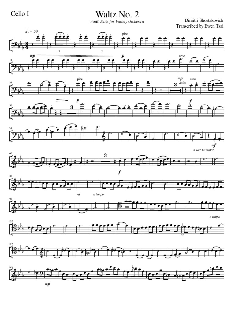 Shostakovich Waltz No. 2 Arranged For Cello Quartet-Violin I | PDF ...