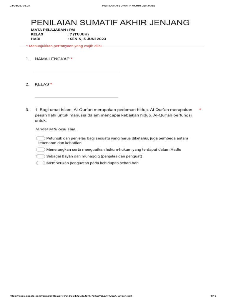Soal Psaj Pai Kelas 7 2023 | PDF