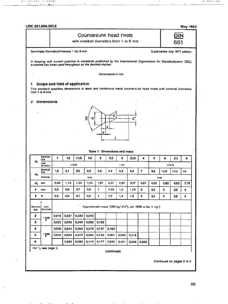 DIN 661 - Countersunk Head Rivets With Nominal Diameters From 1 To 8 MM ...