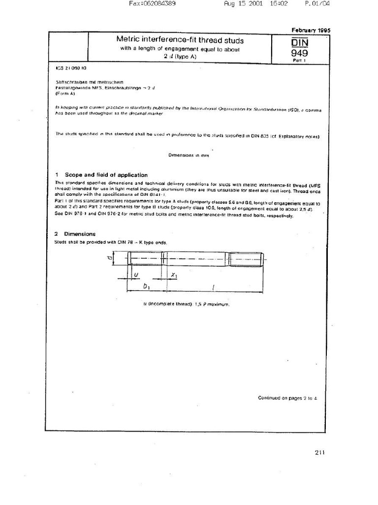 DIN 949-1 - Metric Interference-Fit Thread Studs With A Length of ...