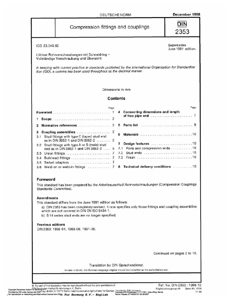 DIN 2353 - Compression Fitting and Couplings (DEC 1998) | PDF | Civil ...