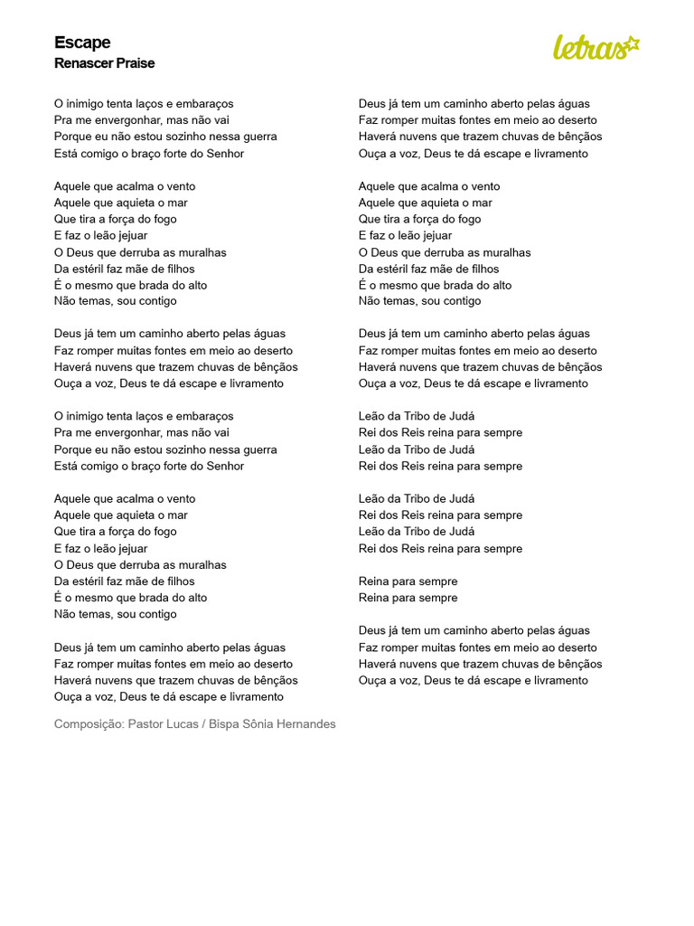 ESCAPE - Renascer Praise (Impressão) | PDF ESCAPE - Renascer Praise (Impressão) | PDF