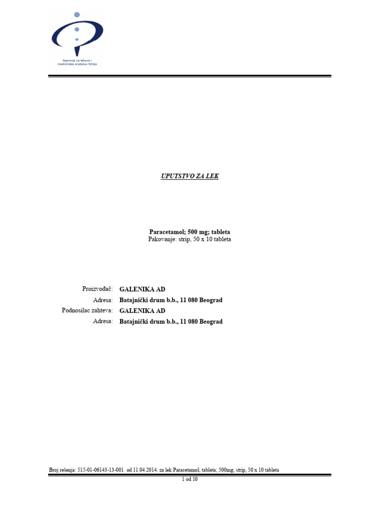 UPUTSTVO ZA LEK Paracetamol 500 MG Tableta | PDF