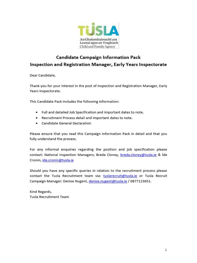Inspection and Registration Manager, Early Years Inspectorate Candidate Information Pack May ...