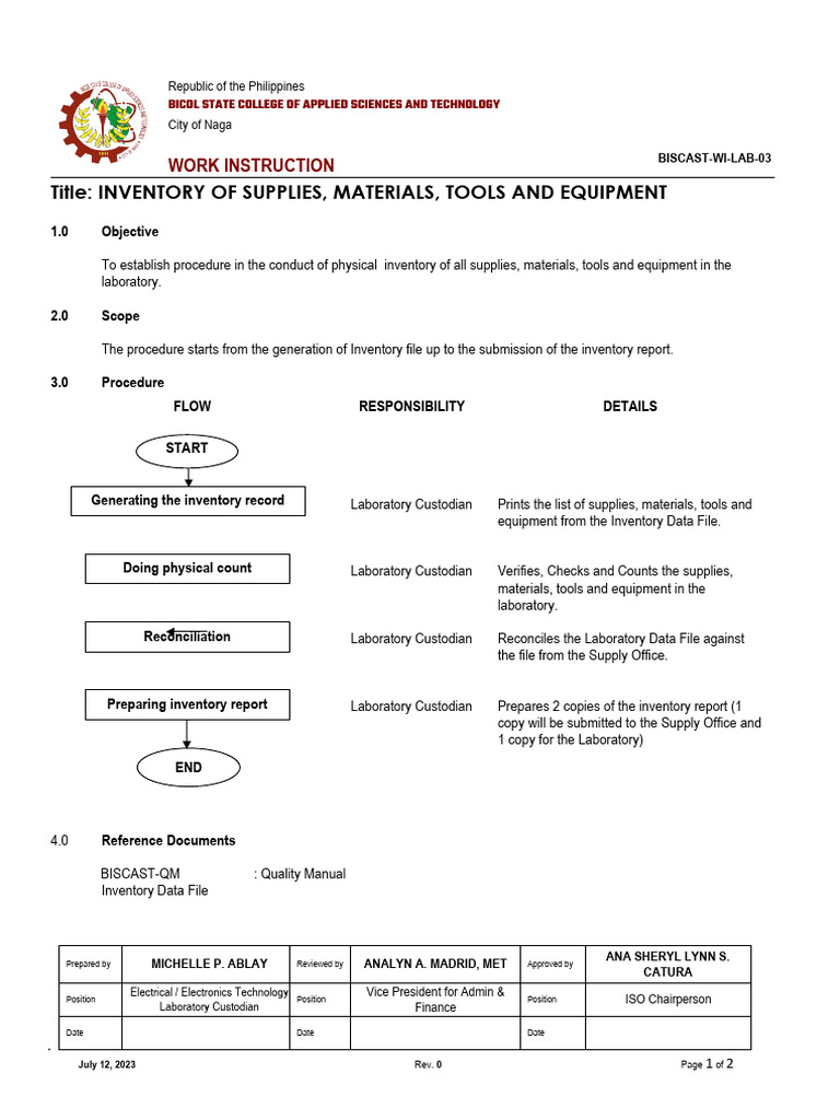 Work Instruction - Inventory of SMTE | PDF | Laboratories