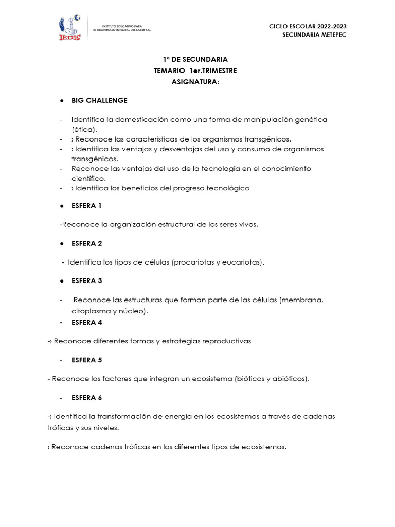 Temario Biologia Primero Trimestre | PDF