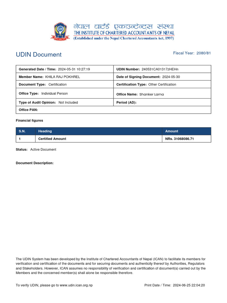 UDIN Document: Fiscal Year: 2080/81 | PDF