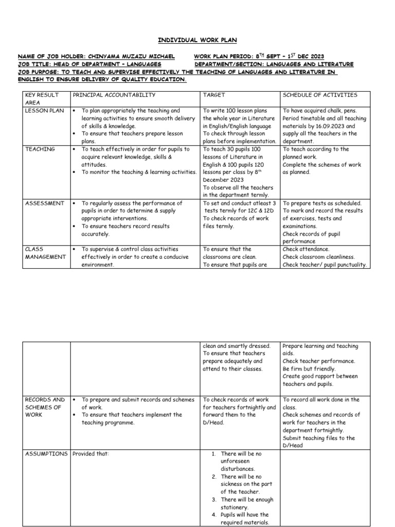 Individual Work Plan for Language Teaching | PDF | Teachers | Education ...