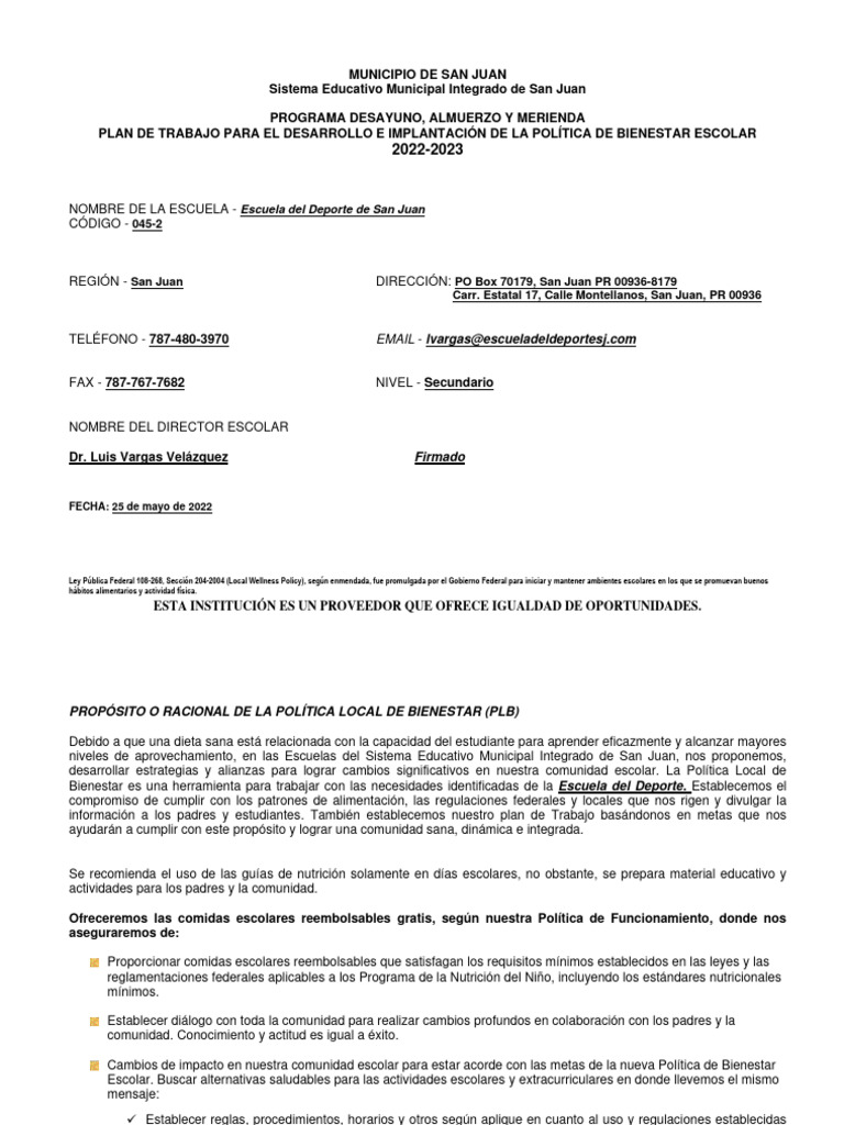 Plan de Trabajo PLB 2022 2023 EDSJ | PDF | Escuelas | Nutrición