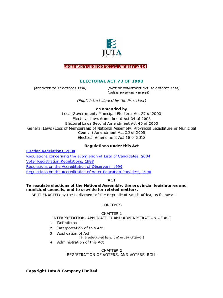 Electoral Act 73 of 1998 | PDF | Elections | Government