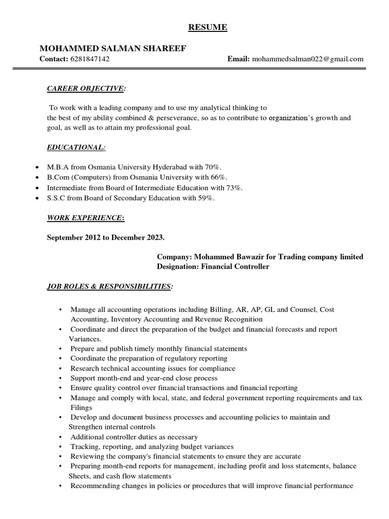 Financial Controller Resume: Salman Shareef | PDF | Accounting ...