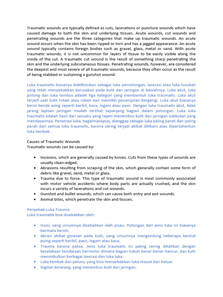 Traumatic Wounds Are Typically Defined As Cuts | PDF