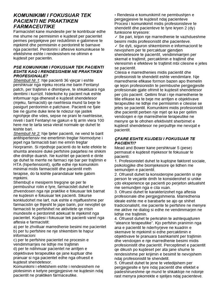 Komunikimi I Fokusuar Tek Pacienti Ne Praktiken Farmaceutike | PDF Komunikimi I Fokusuar Tek Pacienti Ne Praktiken Farmaceutike | PDF