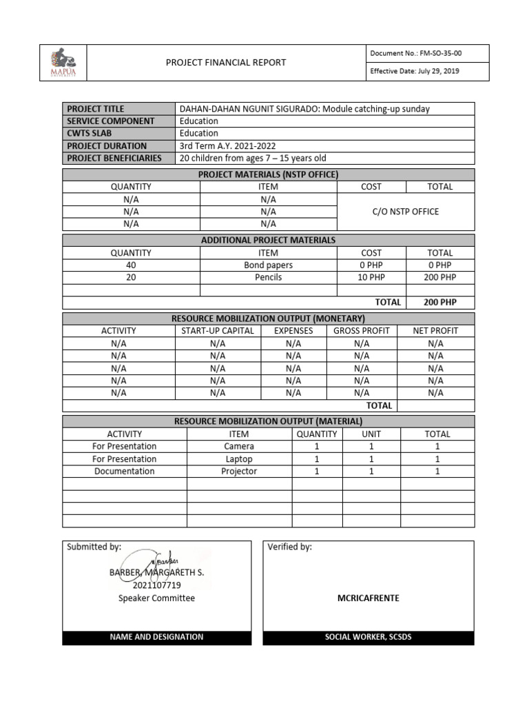 Cwts102-A19-Project Financial Report | PDF | Economies | Economics