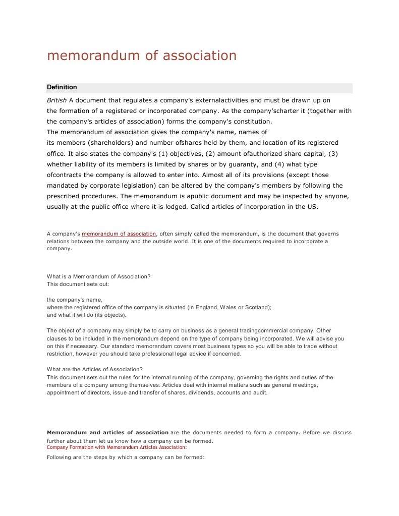 Memorandum of Association | Articles Of Association | Board Of ...