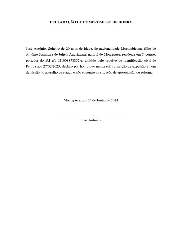 Declaração de Compromisso de Honra | PDF Declaração de Compromisso de Honra | PDF