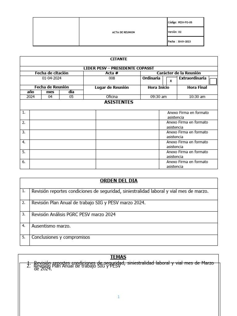 Pesv-Fo-05 Acta de Reunión | PDF