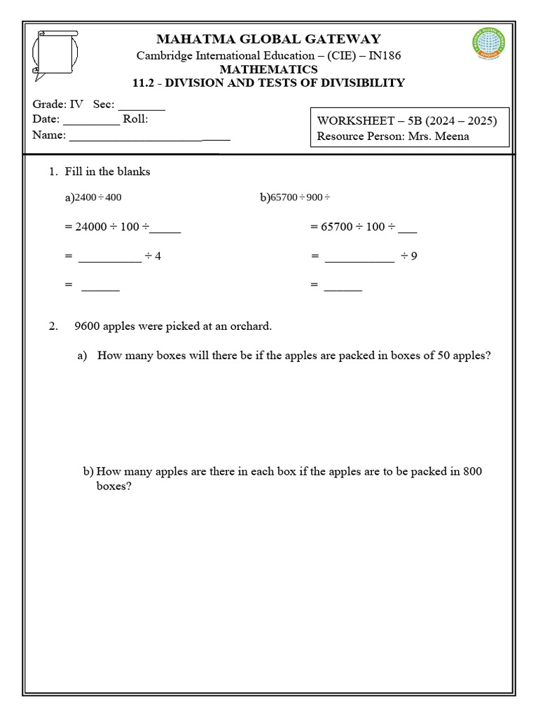 Grade4-5B Division and Divisibility Worksheet | PDF | Mathematics
