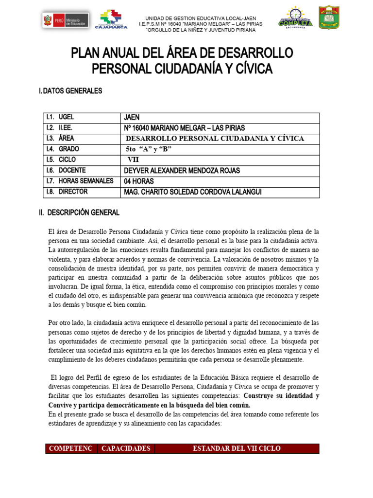Programación Anual 5° Grado - DPCC | PDF | Evaluación | Aprendizaje