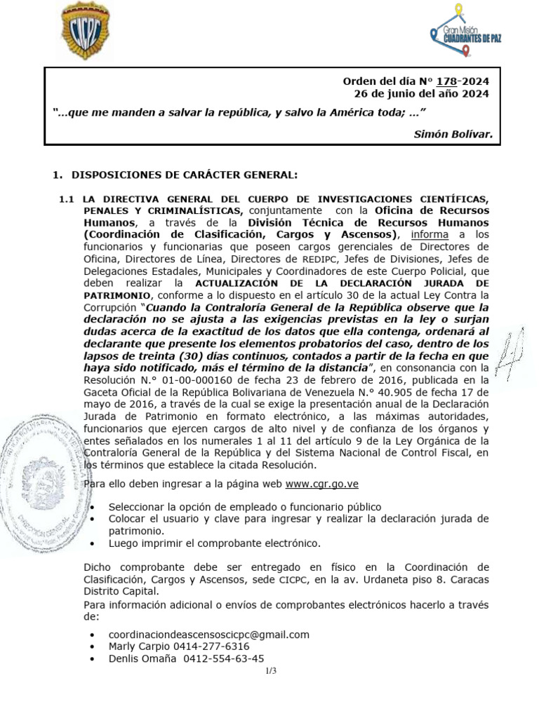 Orden Del Día N°178, de Fecha 26 de Junio Del 2024 DECLARACION JURADA DE PATRIMONIO | PDF ...