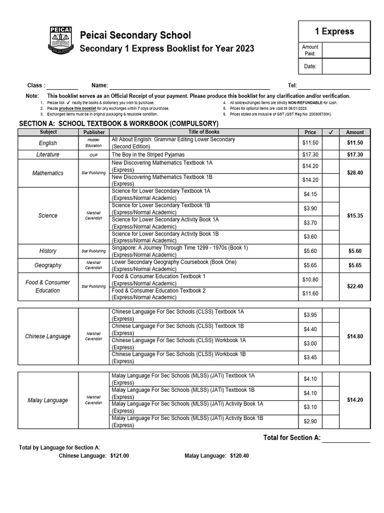 Booklist 2023 PCSS Sec 1exp | PDF | Textbook | Pencil