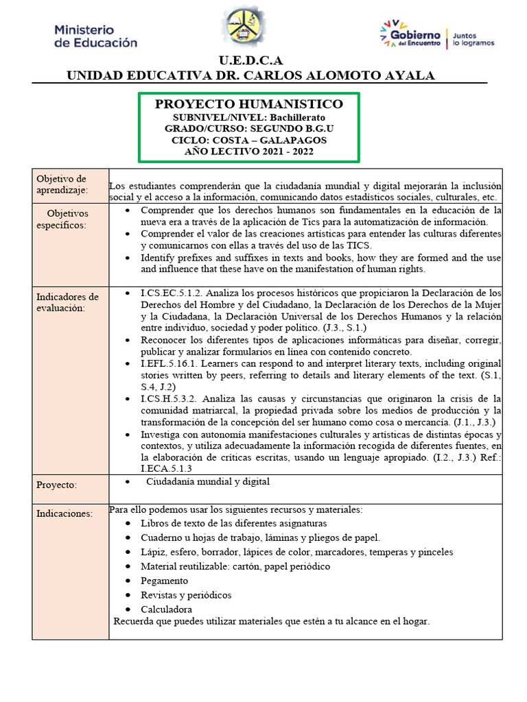 PROYECTO HUMANISTICO SEGUNDO BGU SEMANA 1 Del 6 Al 10 de Septiembre | PDF | Derechos humanos | Mujer