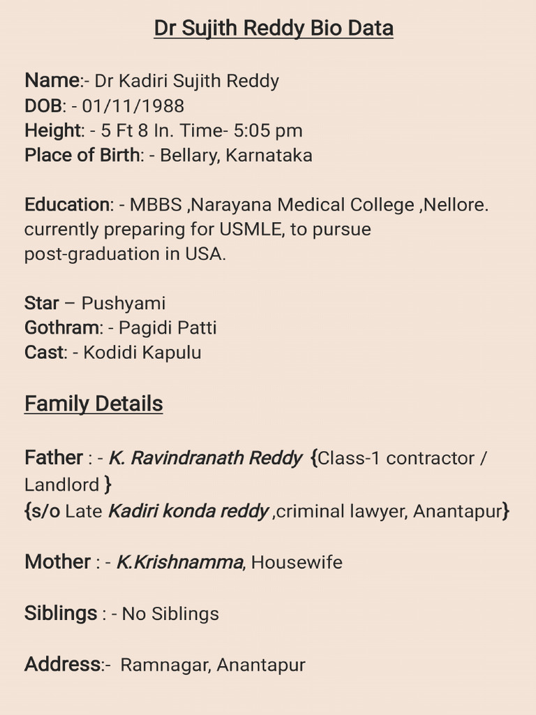 Sujith Reddy Biodata - 231228 - 173421 | PDF