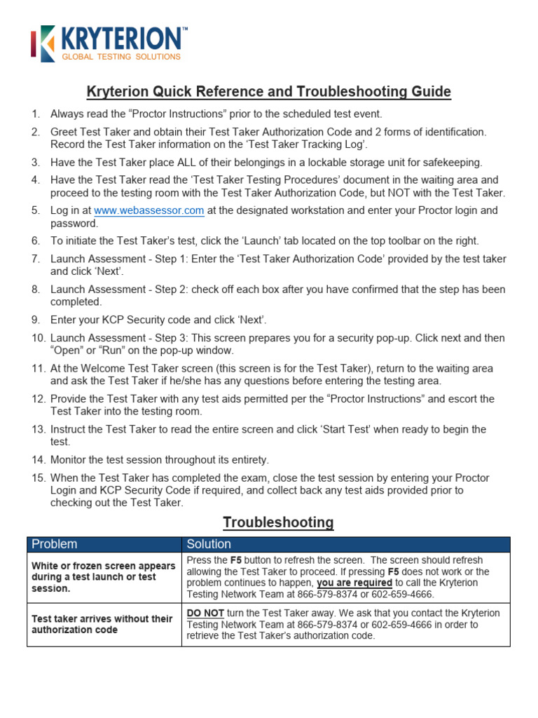 Kryterion Testing Network Quick Reference and Troubleshooting Guide ...