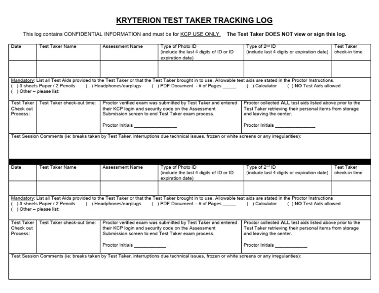 Kryterion Testing Network Test Taker Tracking Log | PDF | Computing