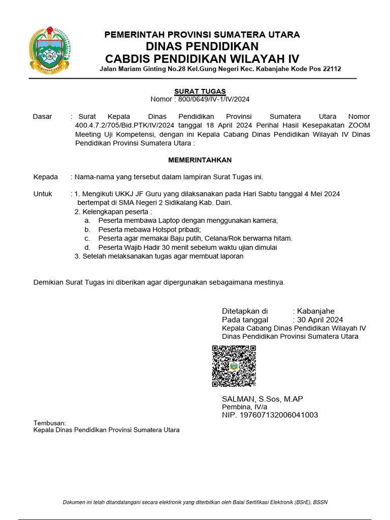 Surat Tugas Peserta UKKJ JF Guru | PDF