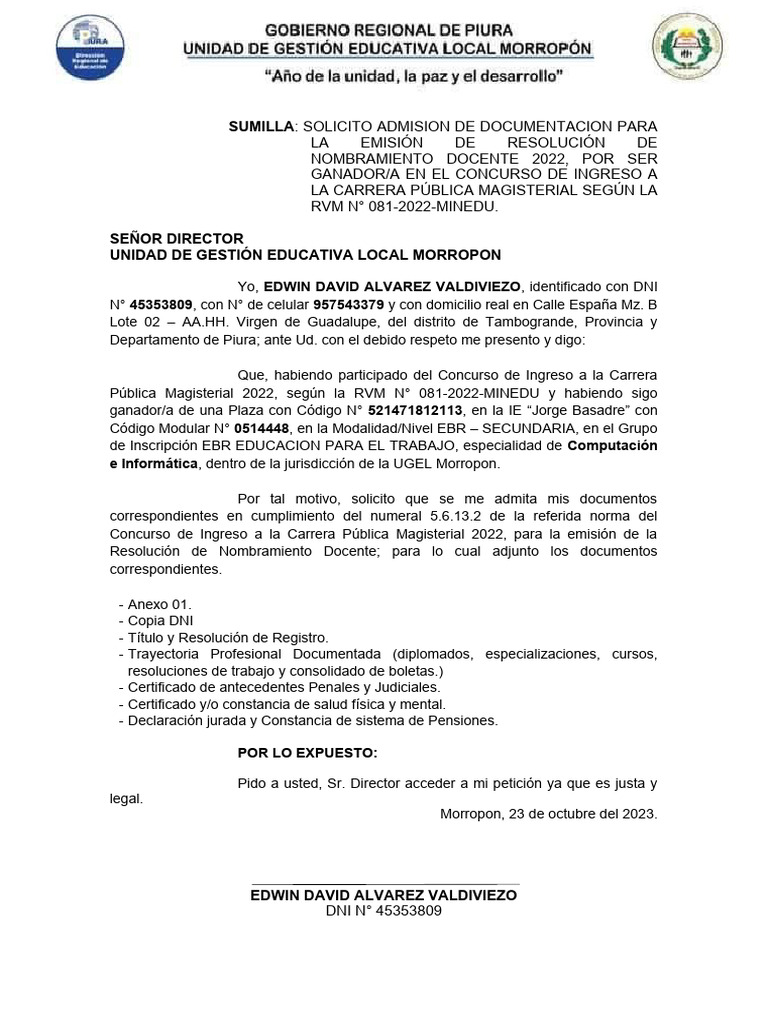 Solicito Resolución de Nombramiento | PDF