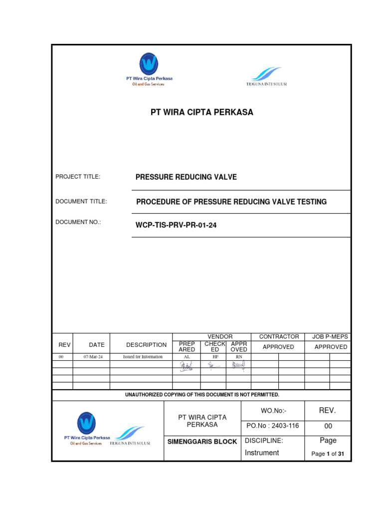 Pressure Reducing Valve Testing Procedure | PDF | Valve | Gases